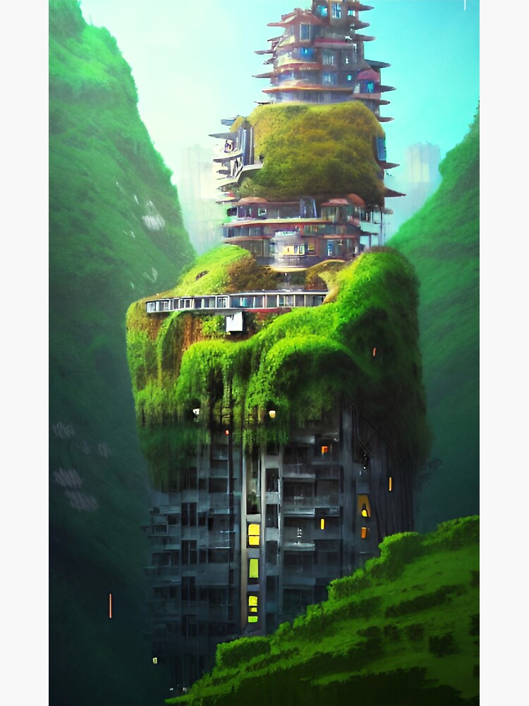 "Robot Tower City in the Mountains" Sticker for Sale by abstraphics ...