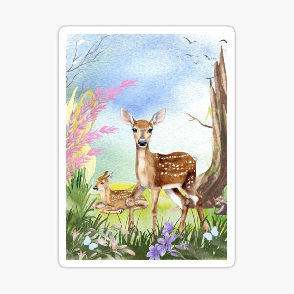 "Watercolour Nature Illustration: Deer with Fawn" Sticker for Sale by ...