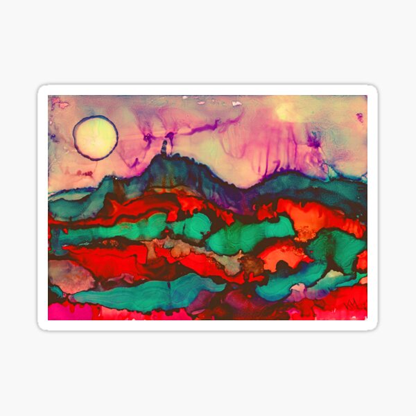 "Abstract landscape painting with moon and mountains in alcohol inks ...