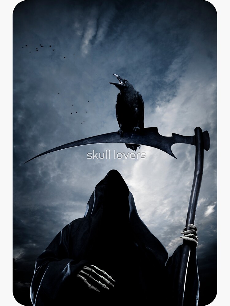 "Deadly skeleton carrying a scythe and above it a crow" Sticker for ...