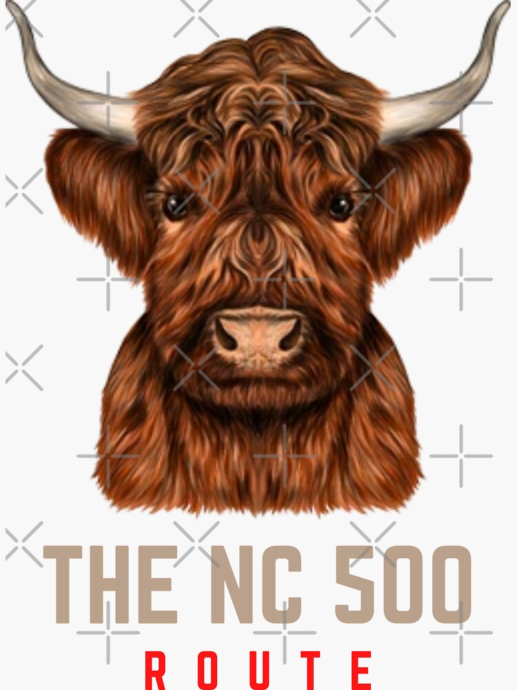 "NC 500 route highland cow ..1" Sticker for Sale by GREYSEFY | Redbubble