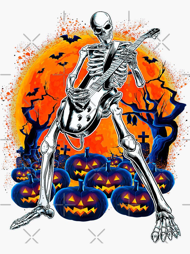 "Happy skeleton guitar spooky Halloween rock band concert" Sticker for ...