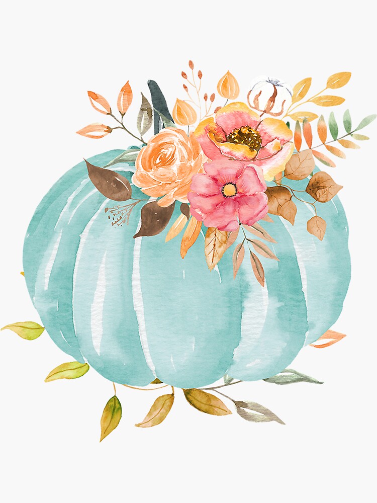 "Illuminating Yellow Turquoise Watercolor Pumpkin Cozy Fall Farmhouse ...
