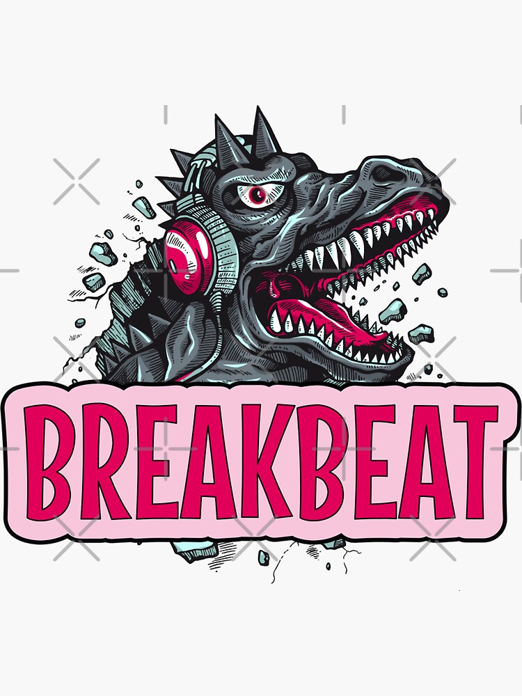 "Tyrannosaurus monster with headphone illustrated breakbeat design ...