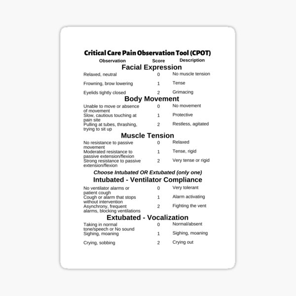 "Critical Care Pain Observation Tool Chart" Sticker for Sale by ...