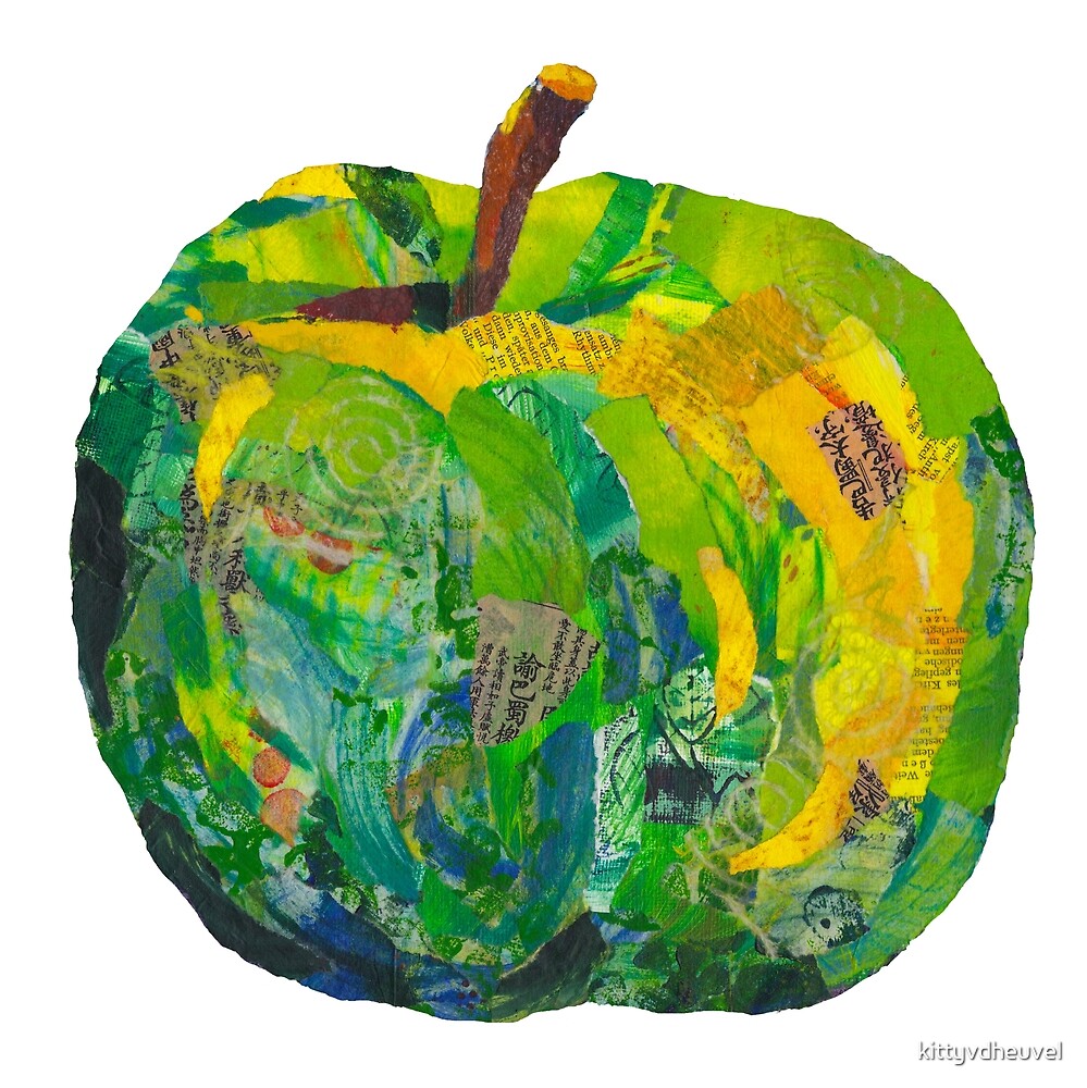 "Green apple in mixed media collage - no background" by Kitty van den ...