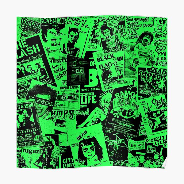 "Punk Rock Bands Flyers Collage Neon Green" Poster for Sale by Ikaroots ...
