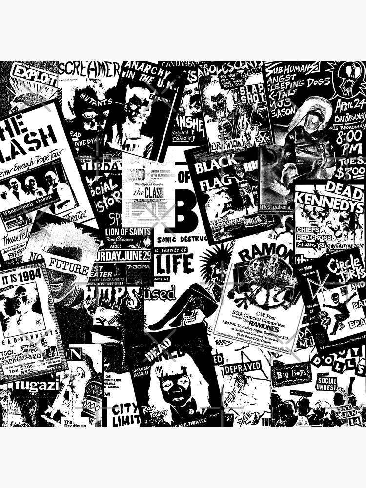 "Punk Rock Bands Flyers Collage Black and White Inverted" Poster for ...