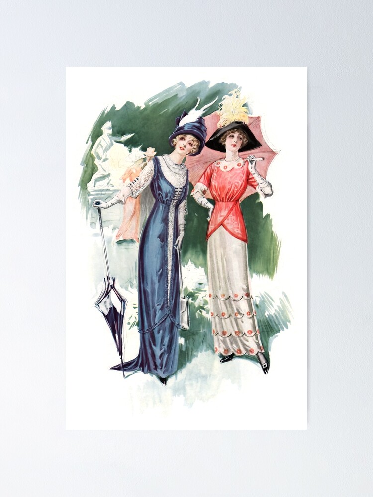 "Women Wearing Edwardian Era Fashion Dresses and Hats, Carrying ...