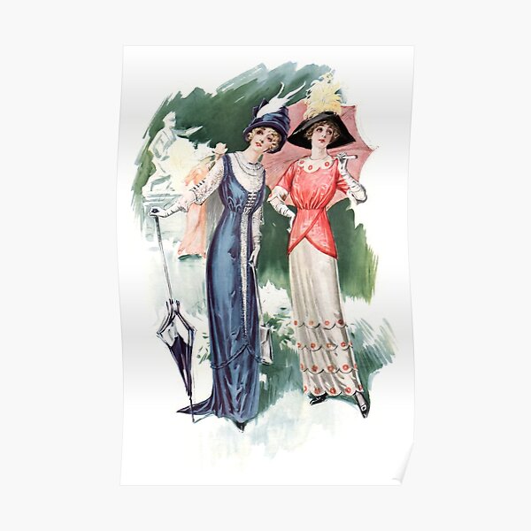 "Women Wearing Edwardian Era Fashion Dresses and Hats, Carrying ...