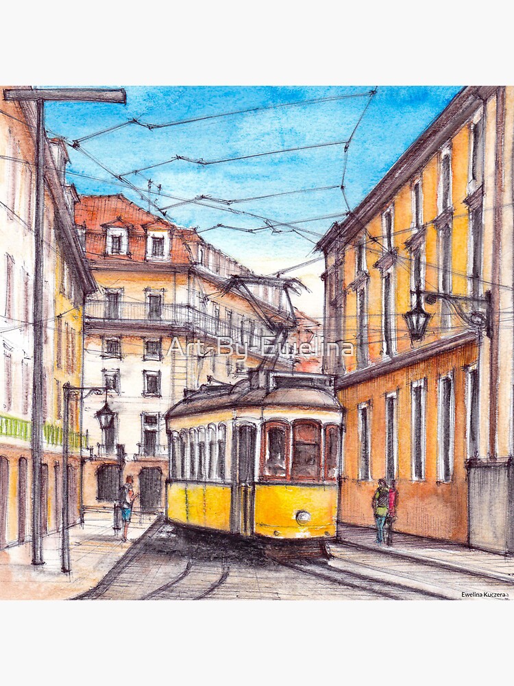 Pegatina «Tranvía en Lisboa - ilustración de tinta y acuarela» de Art ...