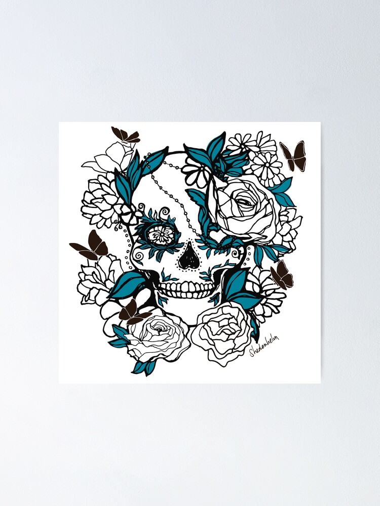 "Skull Line Drawing with Butterflies and Flowers in Blue and Black ...