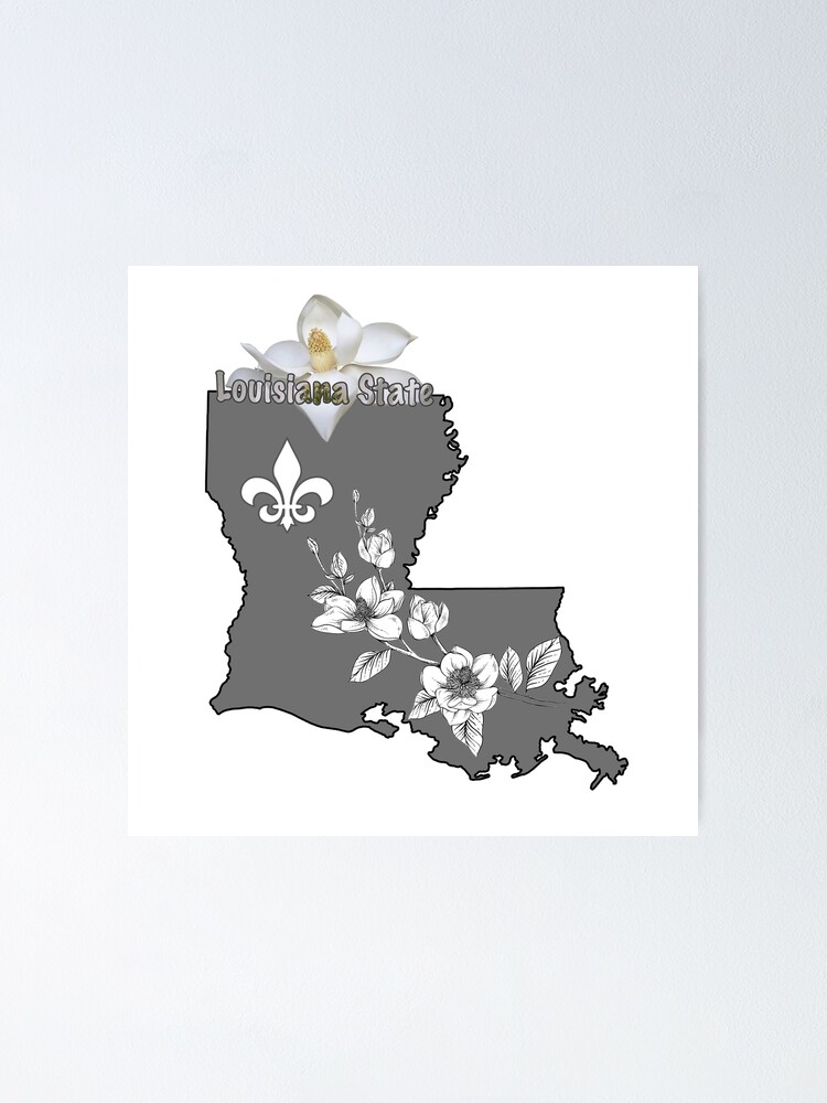 "Louisiana Map State flower Magnolia fleur de lis " Poster for Sale by ...