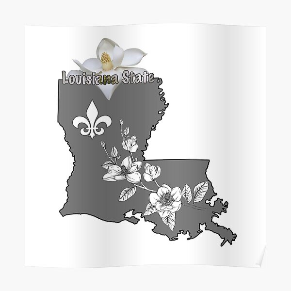 "Louisiana Map State flower Magnolia fleur de lis " Poster for Sale by ...