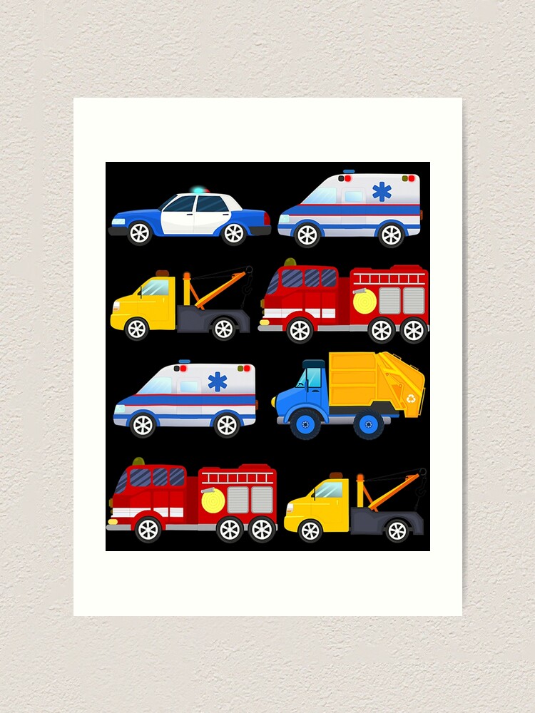 "Emergency Vehicles Fire Truck Police Car Ambulance Tow Truck" Art ...