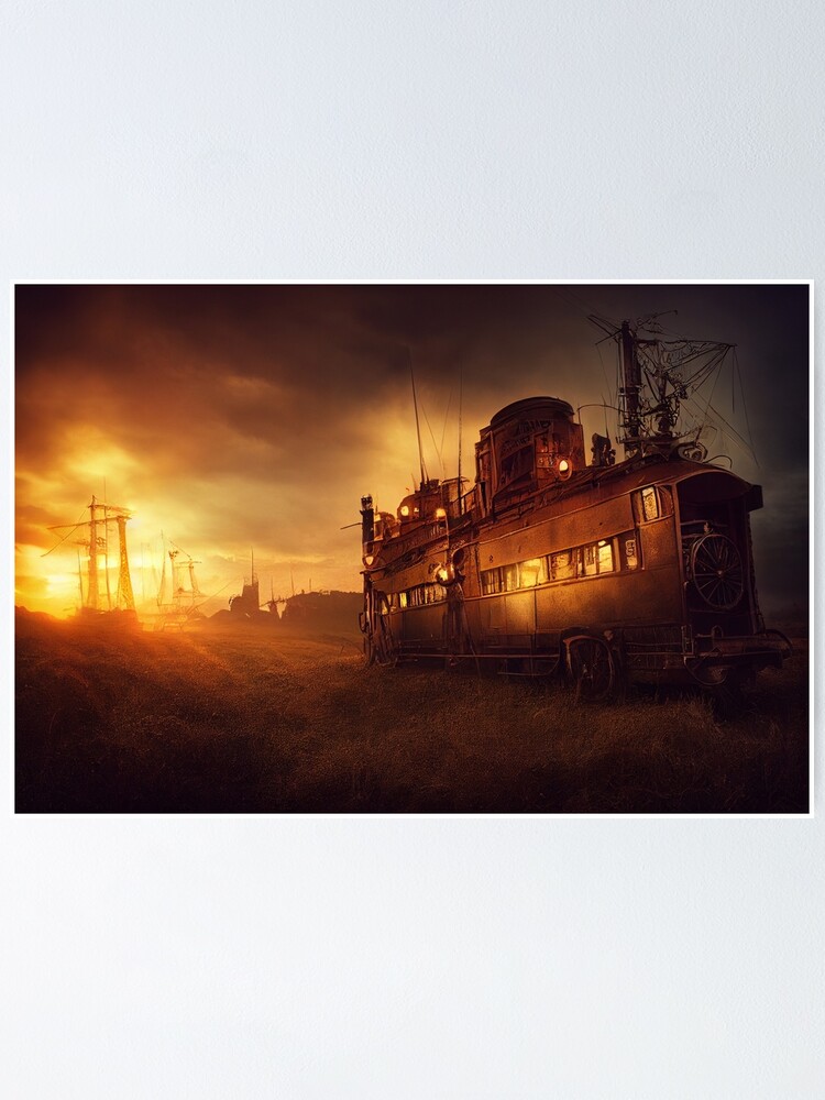 "Steampunk RV parked in a desert at sunset" Poster for Sale by Thaeyne ...