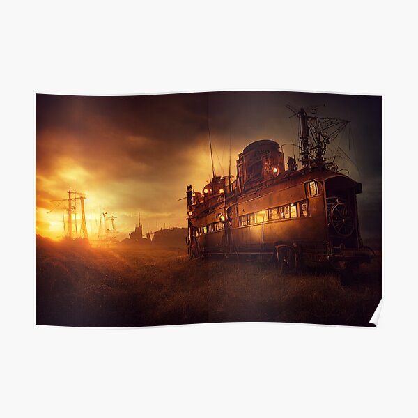 "Steampunk RV parked in a desert at sunset" Poster for Sale by Thaeyne ...