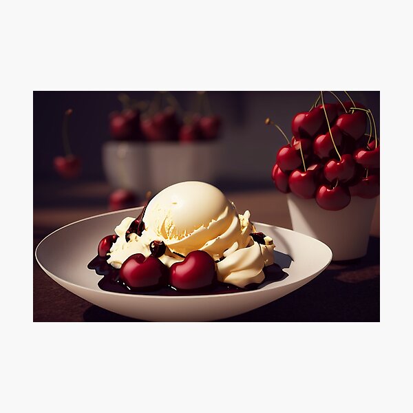 Lámina fotográfica «Sundae de helado con cerezas y almíbar, fotografía ...