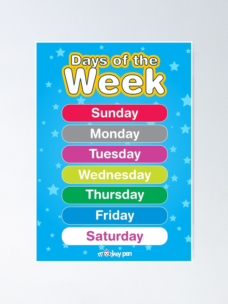 "DAYS OF THE WEEK POSTER | DAYS OF THE WEEK EDUCATIONAL CHART" Poster ...