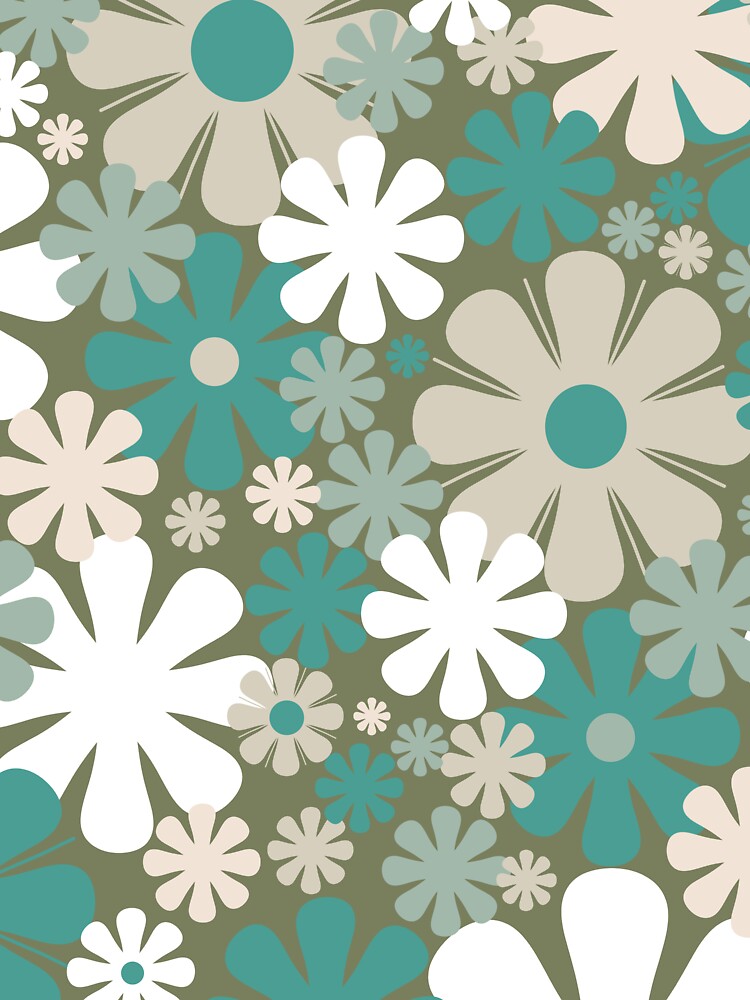 "Retro 60s 70s Aesthetic Floral Pattern in Vintage Olive Green Teal Celadon Blue" Kids T-Shirt ...