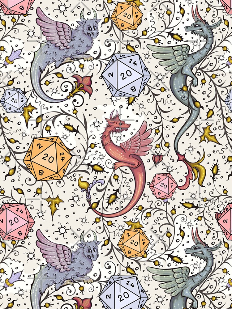 "VINTAGE MEDIEVAL DRAGON AND D20 DICE, Dnd pattern, floral, blue ...