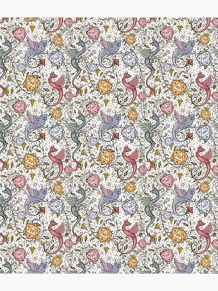 "VINTAGE MEDIEVAL DRAGON AND D20 DICE, Dnd pattern, floral, blue ...