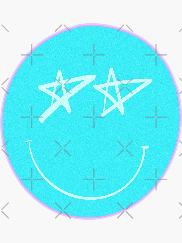"Neon Blue Smile Smiley Face with Drawing Star Eyes Design" Sticker for ...