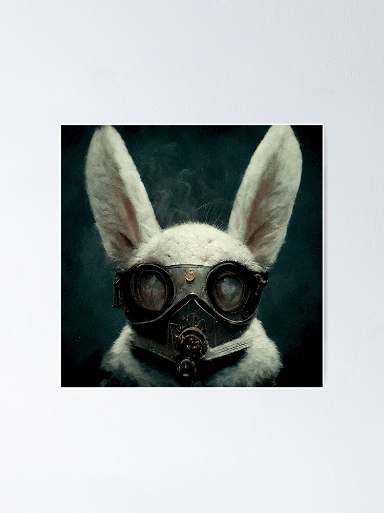 "The rabbit wearing a gas mask." Poster for Sale by Maniock | Redbubble