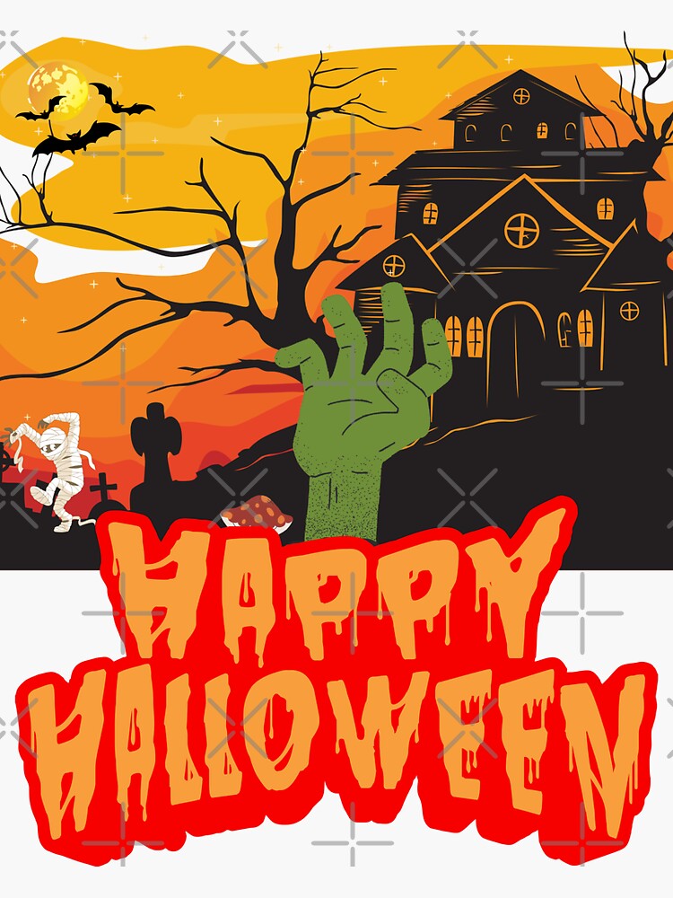 "Happy Halloween Haunted House at Night & Zombie Hand Design" Sticker ...