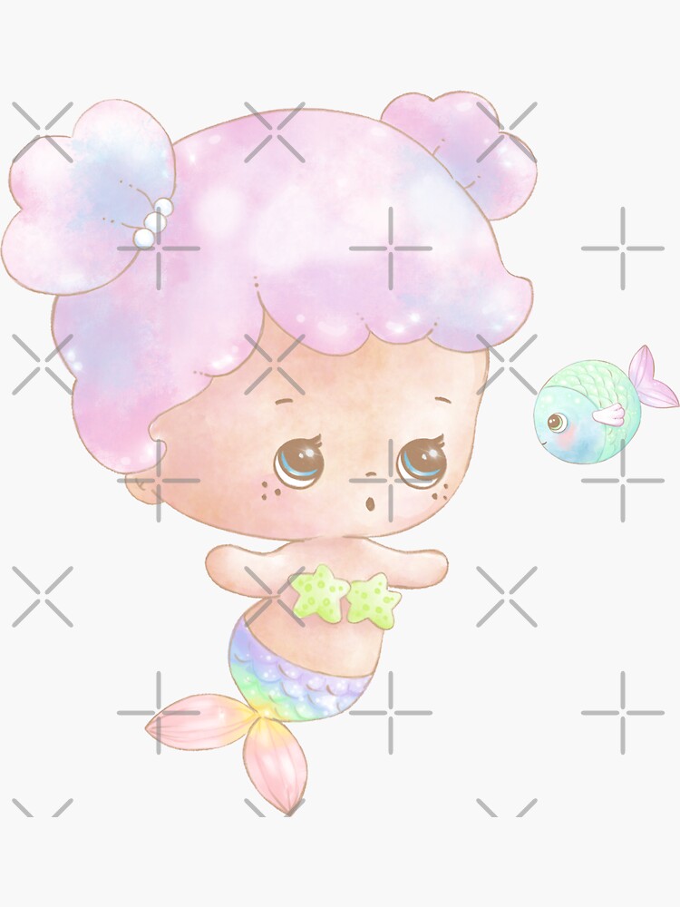 "Watercolor Illustration of a Cute Rainbow Mermaid with Sparkling Hair ...