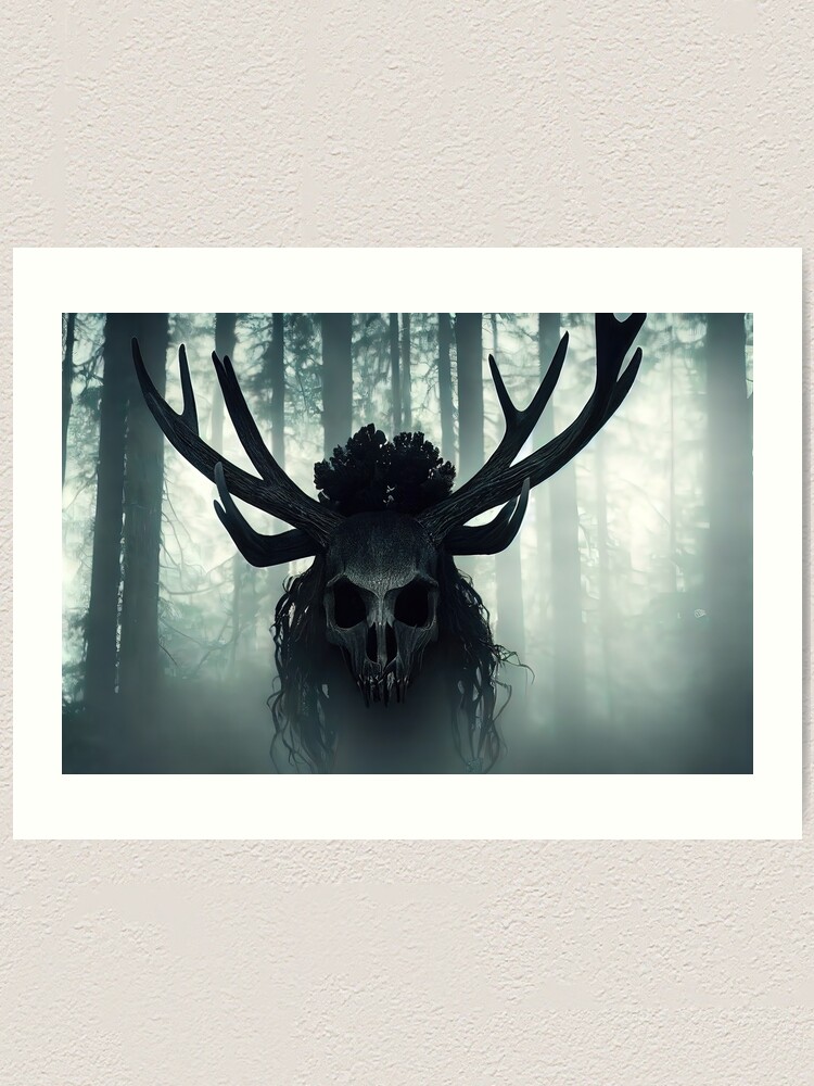 "Wendigo wearing moose skull stands in the middle of a green forest ...