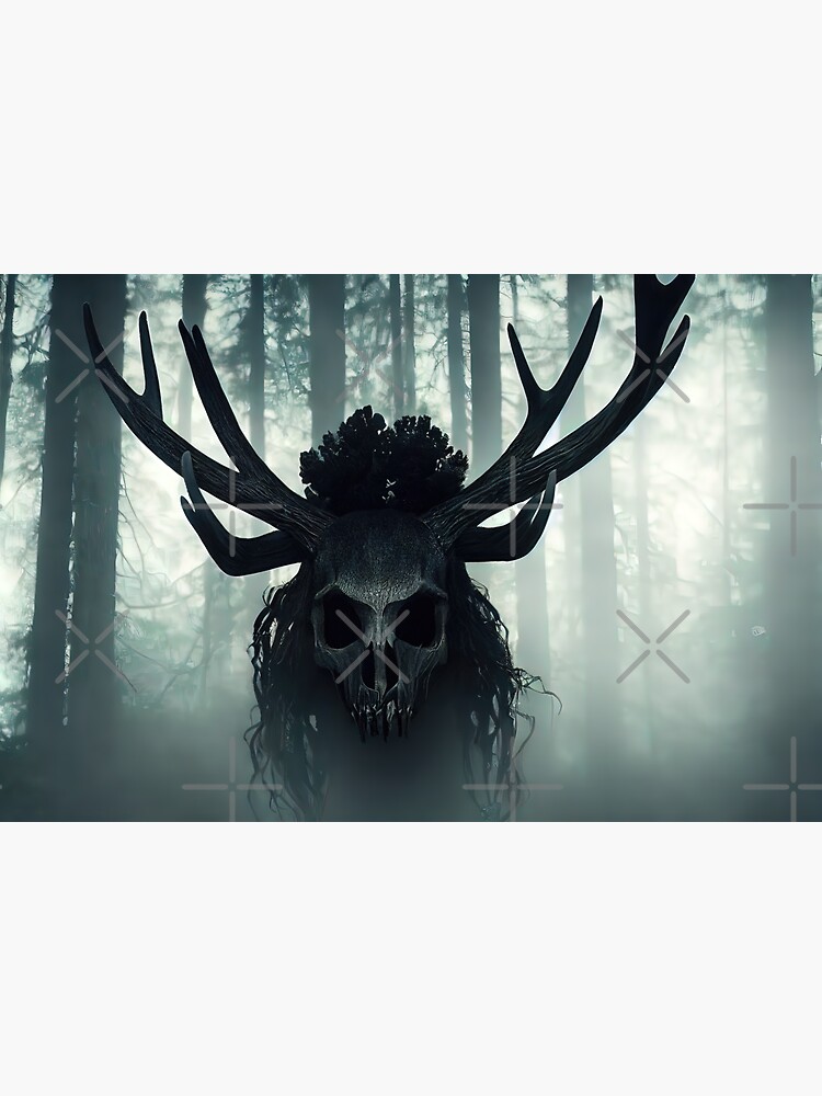"Wendigo wearing moose skull stands in the middle of a green forest ...