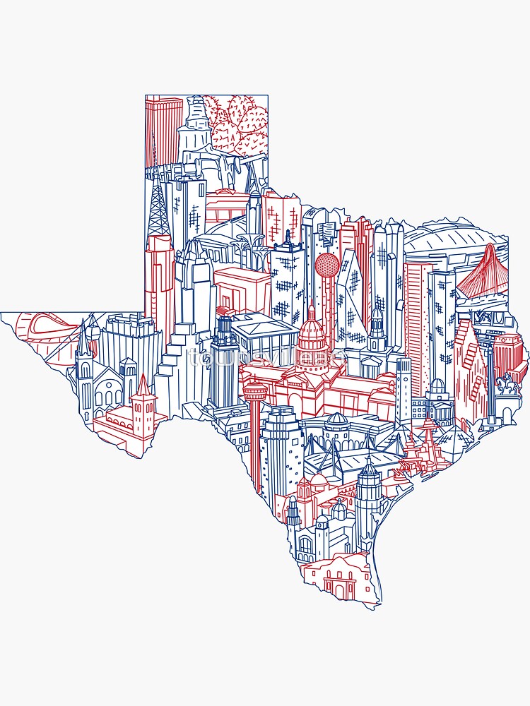 "Texas Landmarks Map Art" Sticker for Sale by townsvilleart | Redbubble