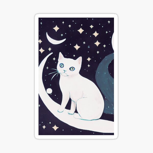 "White Cat Under The Moon And Stars" Sticker for Sale by CuriousNoemi ...