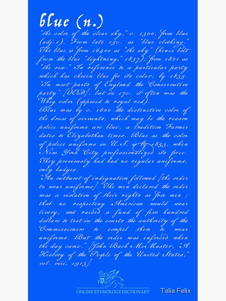 "Blue Color Etymology - Etymonline Online Etymology History" Sticker ...