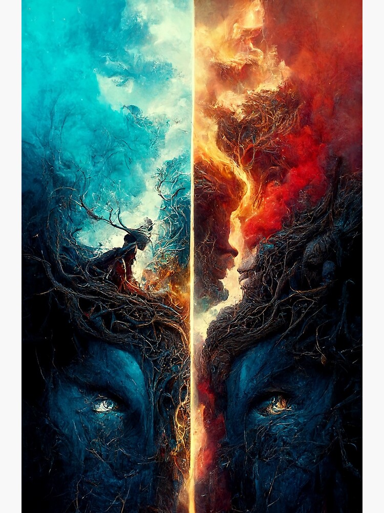 "Red and blue fire, lightning bolts, hidden face" Poster for Sale by ...