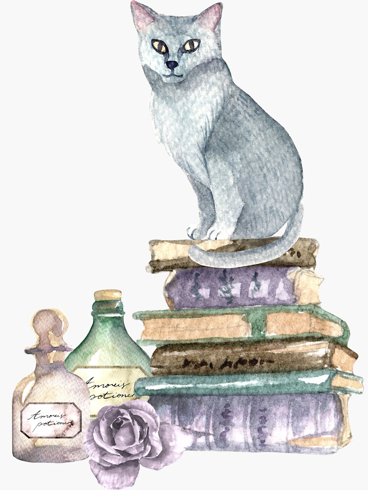 "Watercolor cat and books" Sticker for Sale by felyne-kitty | Redbubble