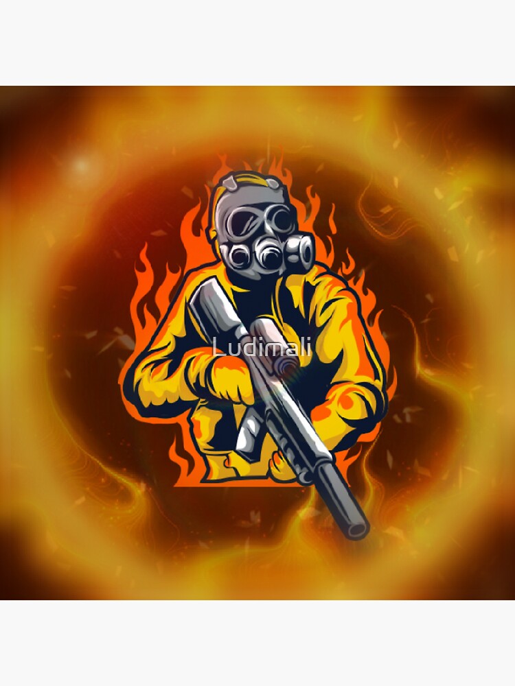 "A man with a gas mask in a fiery circle" Sticker for Sale by Ludimali ...