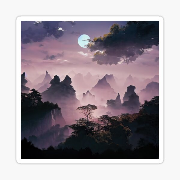 "Moonlight drapes over misty mountain valleys" Sticker for Sale by ...
