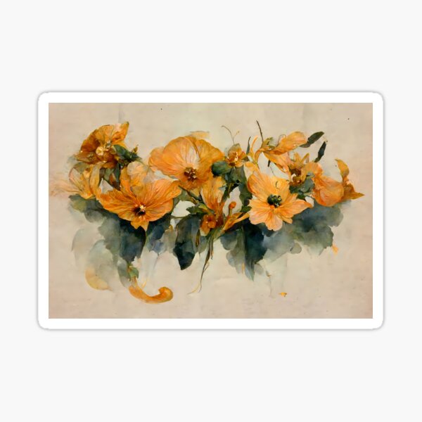 "Vintage style loose orange watercolor painting of flowers and leaves ...