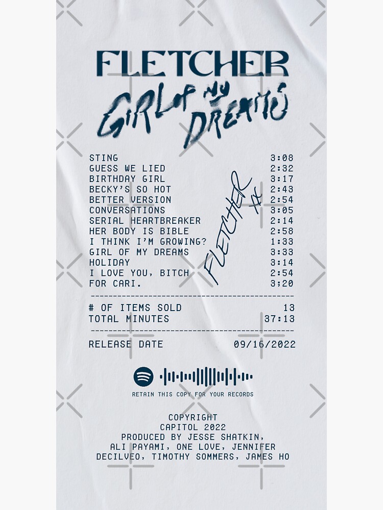 "girl of my dreams | fletcher | album receipt (2)" Sticker for Sale by ...
