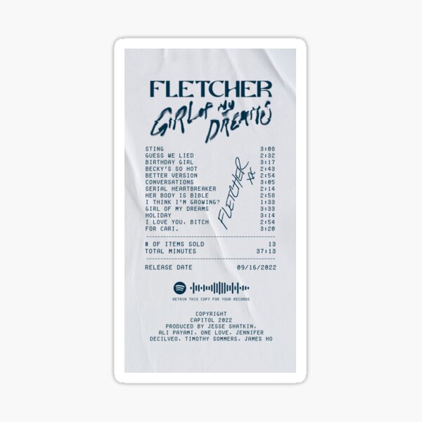 "girl of my dreams | fletcher | album receipt (2)" Sticker for Sale by ...