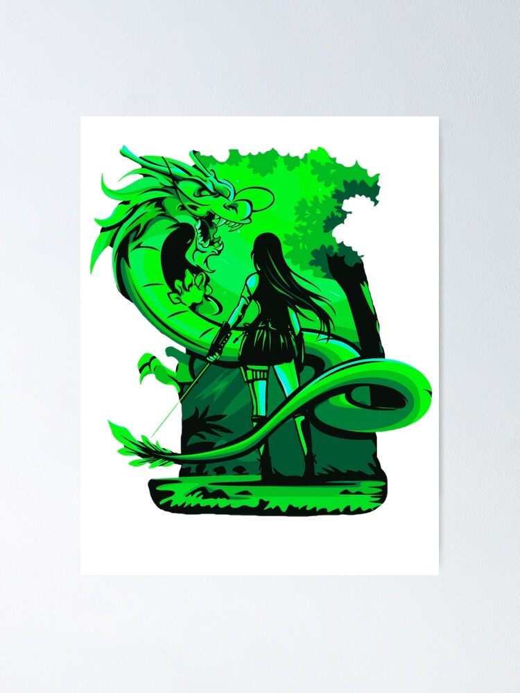 "Green Anime Girl Samurai and Dragon design" Poster for Sale by Dven ...
