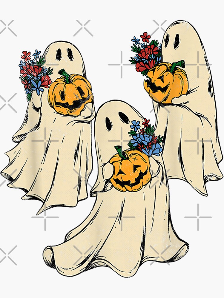 "Retro Groovy Pumpkin Ghost Costume Halloween Floral Ghosts " Sticker ...