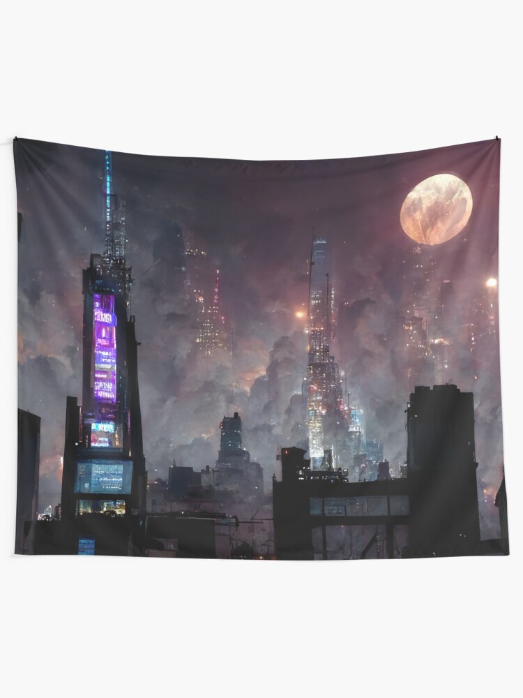 "Cyberpunk City under a full moon" Tapestry for Sale by Maskedpainter ...