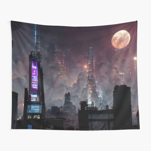 "Cyberpunk City under a full moon" Tapestry for Sale by Maskedpainter ...
