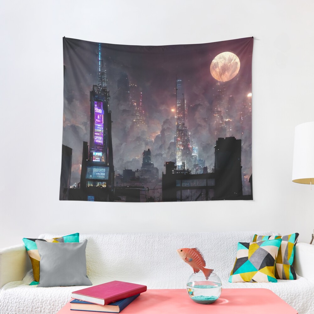 "Cyberpunk City under a full moon" Tapestry for Sale by Maskedpainter ...