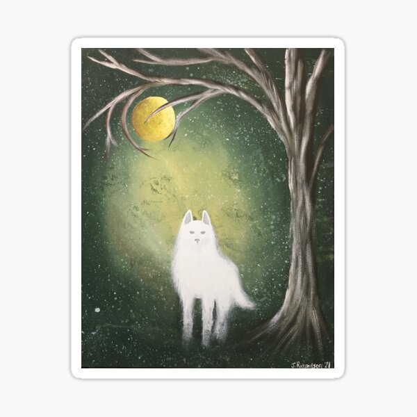 "Wispy White Wolf Under the Yellow Moon" Sticker for Sale by ...
