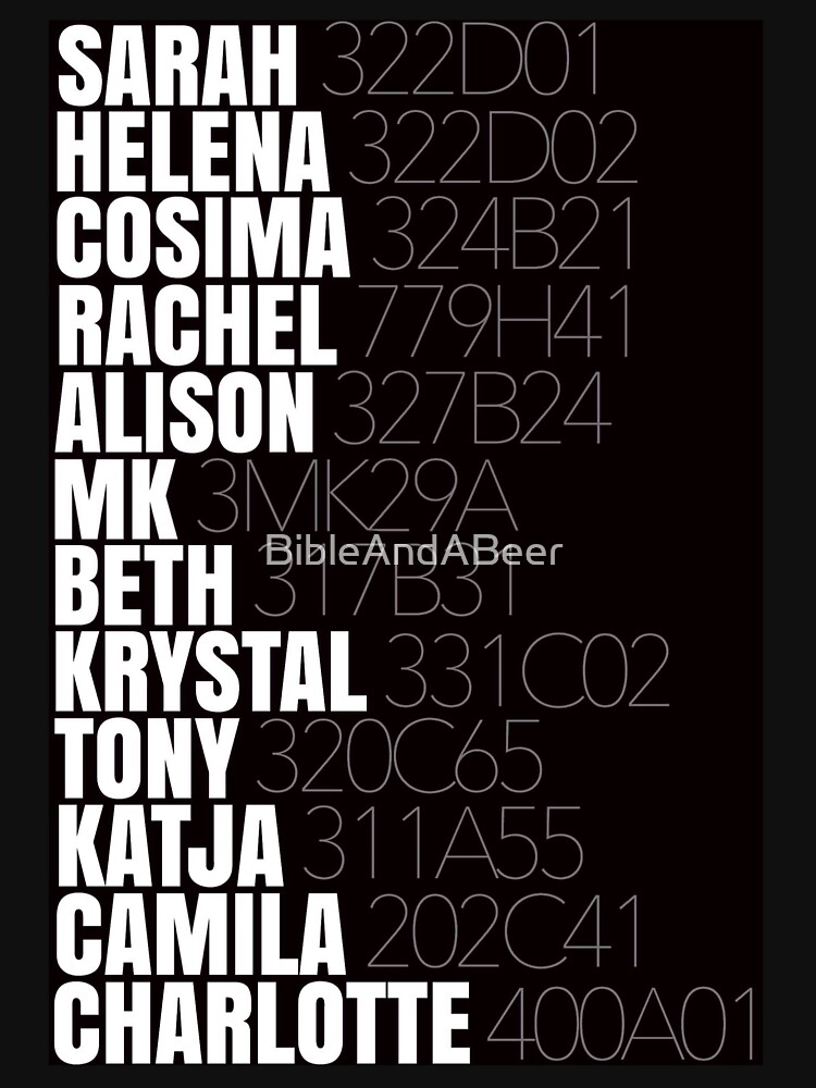 "Orphan Black Clone Names With Tag Numbers" T-shirt for Sale by ...
