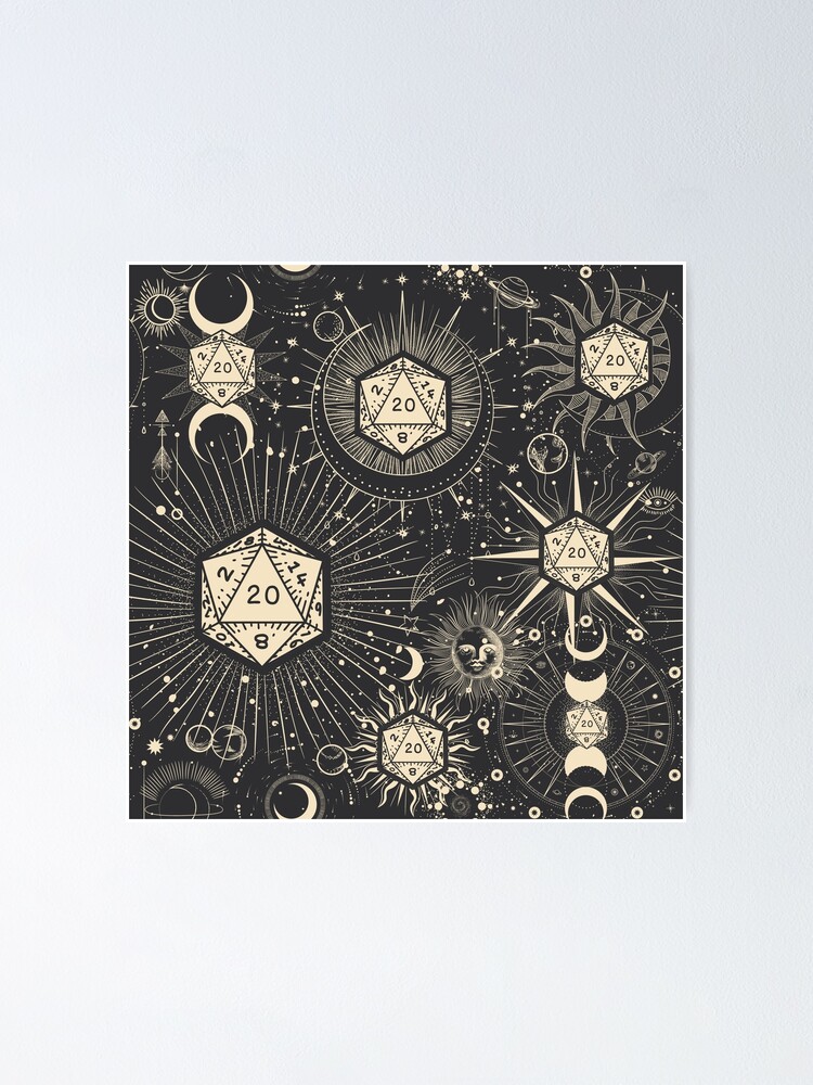 "DND CELESTIAL DICE, pattern, D20 Stars constellation, sun and crescent ...